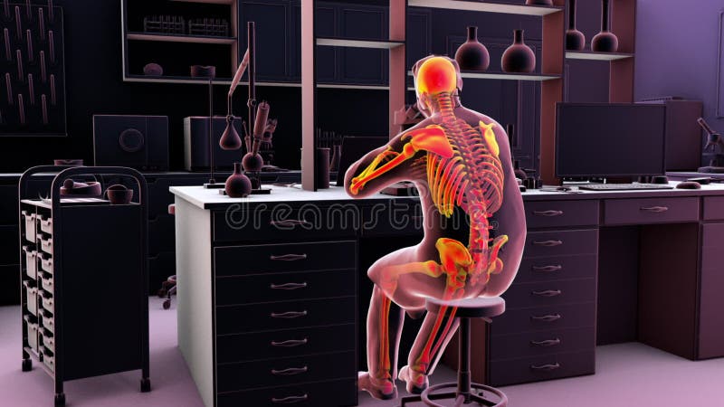 A Lab Specialist with Highlighted Skeleton Working with Microscope, 3D ...