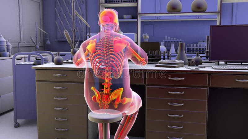 A Lab Specialist with Highlighted Skeleton Working with Microscope, 3D ...
