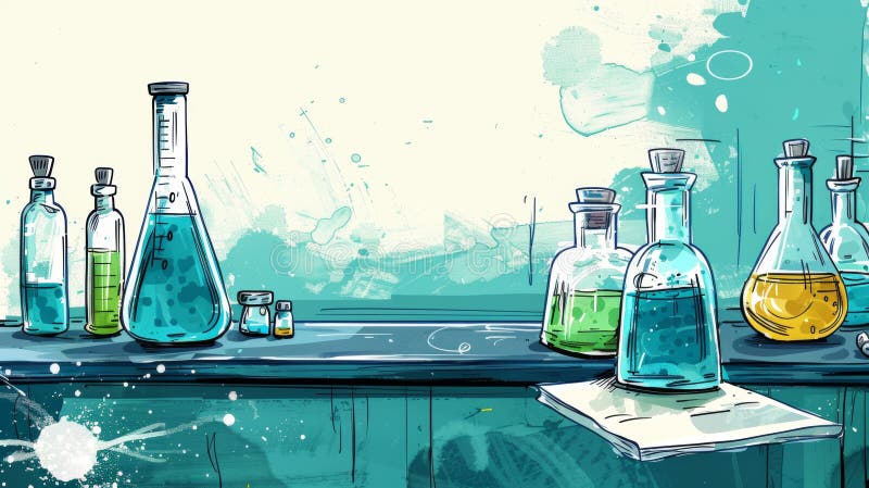Science Lab Experiment, Lab Table Cluttered with Chemical Flasks and ...