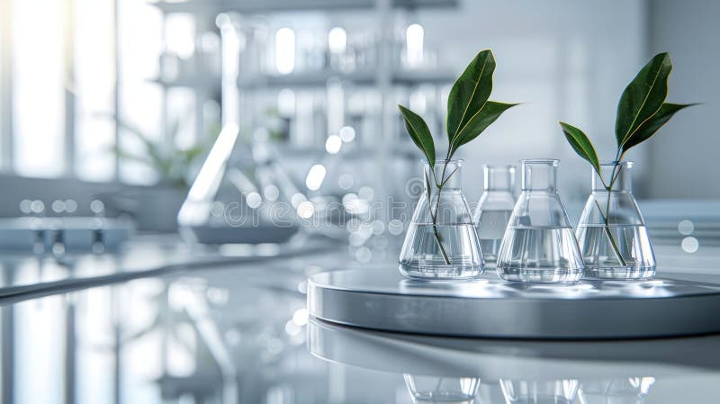 A Lab Table with Four Vases of Water and Leaves Stock Illustration ...