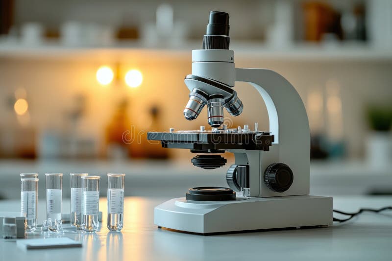 Lab Table with Microscope and Test Tubes, Illustrating a Science ...