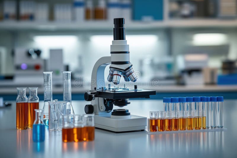 Lab Table with Microscope and Test Tubes, Science Experiment Concept ...