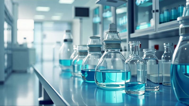 Lab Table with Several Bottles of Blue Liquid on it Stock Footage ...