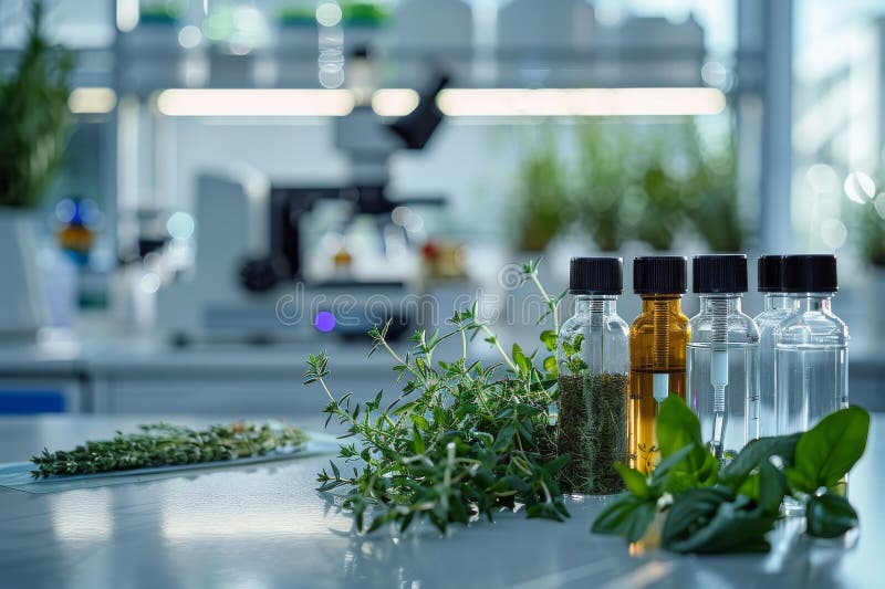 A Lab Table with Several Vials of Herbs and Plants Stock Photo - Image ...