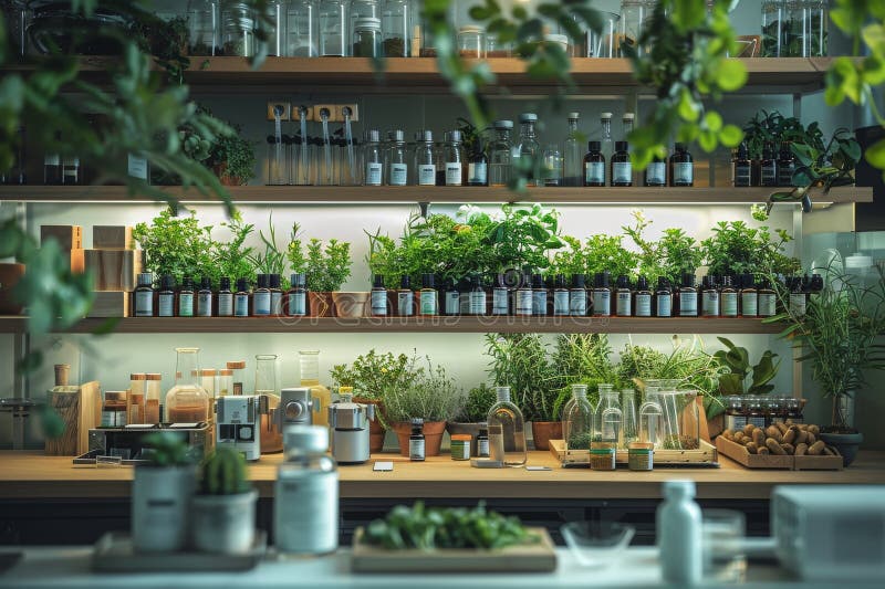 A Lab Table with Several Vials of Herbs and Plants Stock Photo - Image ...