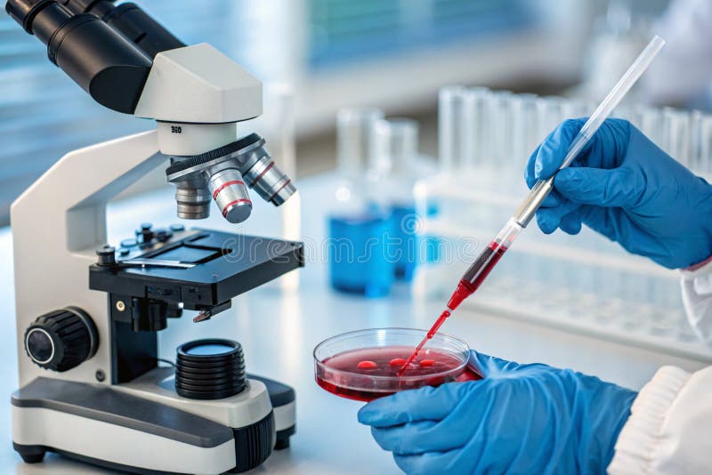 Lab Technician Analyzing Saliva Sample Under Microscope. Stock ...