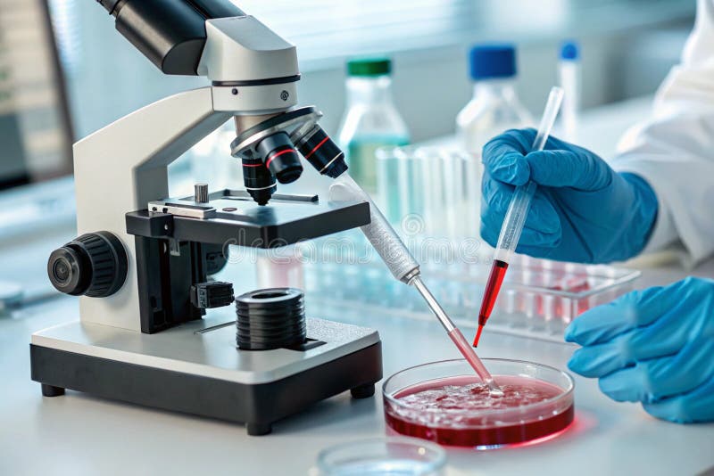 Lab Technician Analyzing Saliva Sample Under Microscope. Stock ...