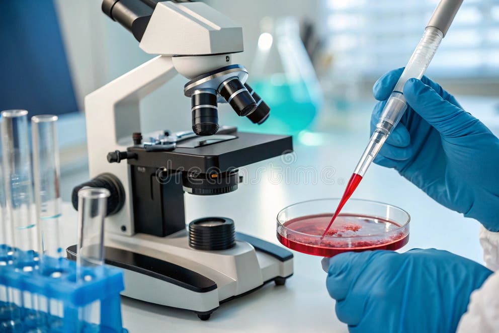 Lab Technician Analyzing Saliva Sample Under Microscope. Stock ...