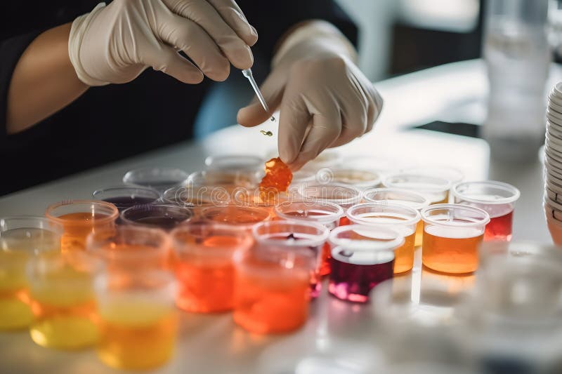 Lab Technician is Dropping Chemical Substantial into Small Cups of ...