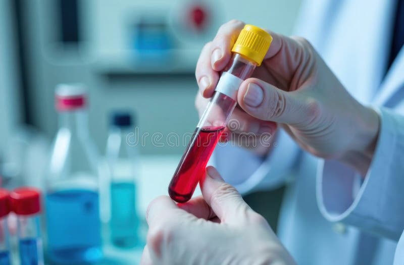 A Lab Technician Examines a Blood Sample in a Research Environment ...