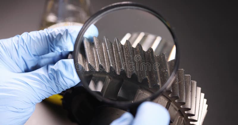 Lab Technician Examines Large Gear through Magnifying Glass Stock Video ...