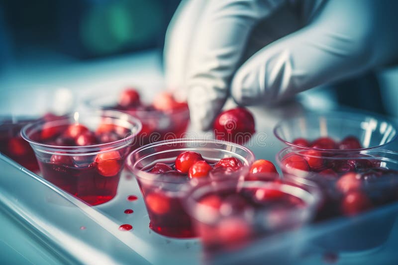 Lab Technician Pinching Small Amount of Cherry and Putting in Red Syrup ...