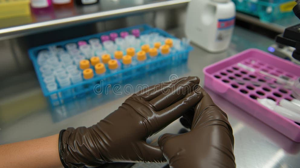 Lab Technician Preparing Microscope with Protective Latex Gloves Stock ...