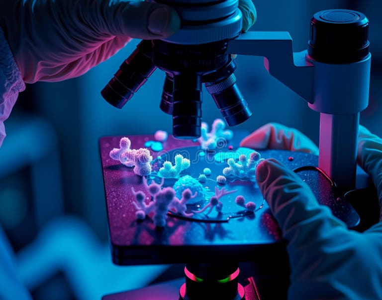 Lab Technician Studying a Sample Under a Fluorescent Microscope. Gloved ...
