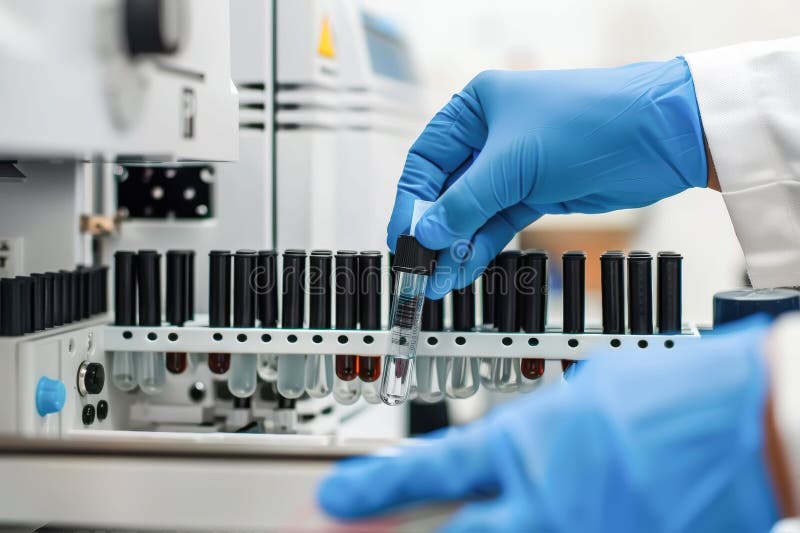 Lab Technician Wearing Protective Gloves Handling Blood Vial during ...