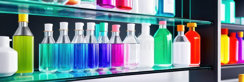 Lab Theme with Lab Glassware Filled Colorful Liquid and Transparent ...