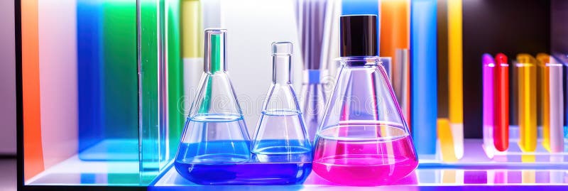 Lab Theme with Lab Glassware Filled Colorful Liquid and Transparent ...