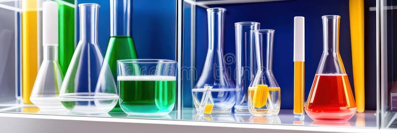 Lab Theme with Lab Glassware Filled Colorful Liquid and Transparent ...