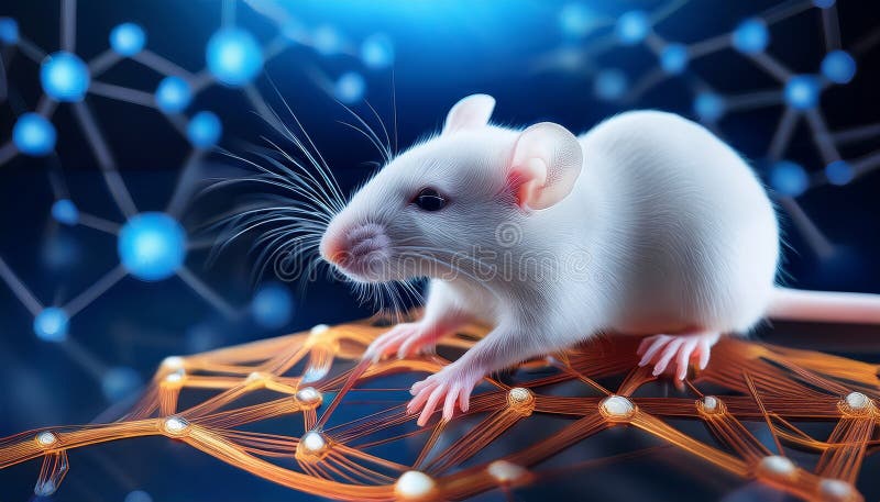 Lab White Mouse Sits on Neural Pathway Model. Dna Sequencing Stock ...