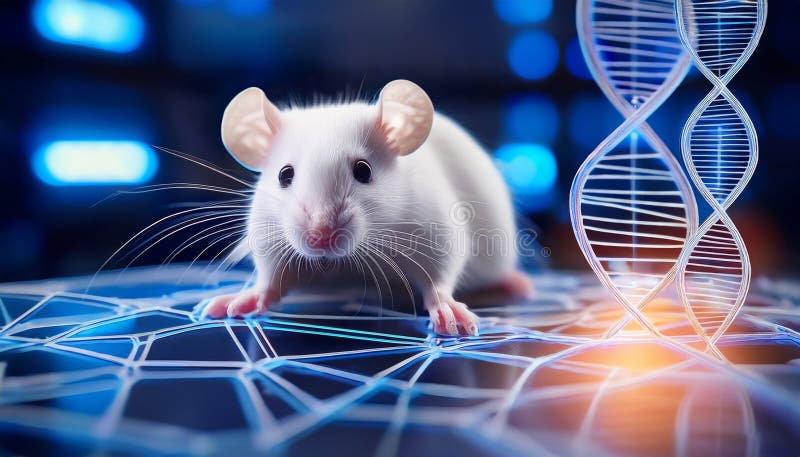 Lab White Mouse Sits on Neural Pathway Model. Dna Sequencing Stock ...