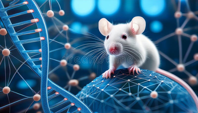 Lab White Mouse Sits on Neural Pathway Model. Dna Sequencing Stock ...