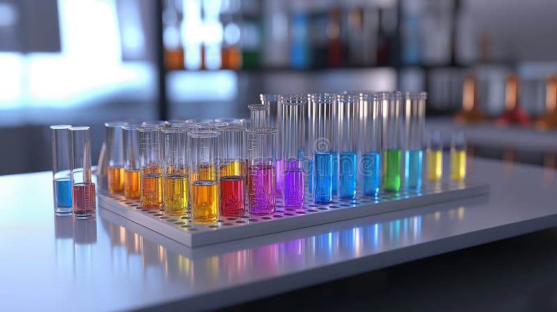 A Lab White Table with Many Beakers and Test Tubes of Various Colors ...