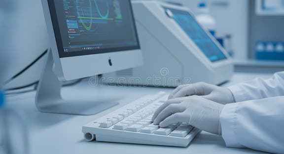 Lab Work: Hands Typing Scientific Data into Computer Stock Photo ...