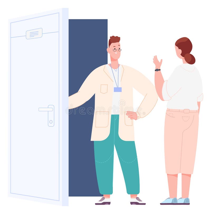 Lab Worker Open Door and Talking with Woman Stock Vector - Illustration ...