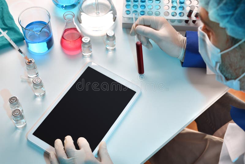 Hands Using White Tablet With White Screen On Desk Elevated Stock Image ...