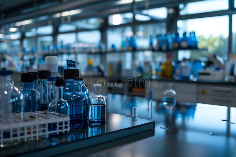 A Lab Workspace Features an Array of Glass Containers Filled with Blue ...