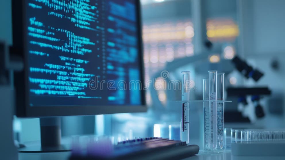 Lab Workstation with Computer and Glassware for Scientific Research and ...