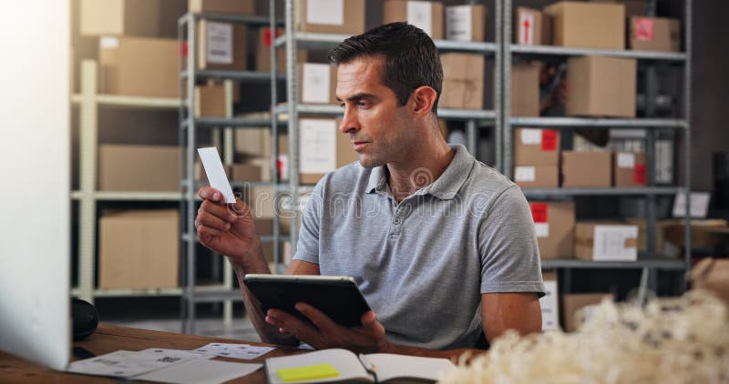 Label, Logistics and Tablet with Man in Distribution Depot for ...