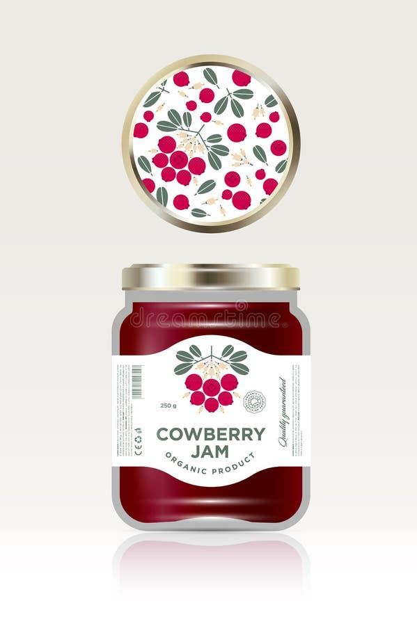 Label and Packaging of Cowberry Jam. Can Lid Jar with Fruit Pattern ...