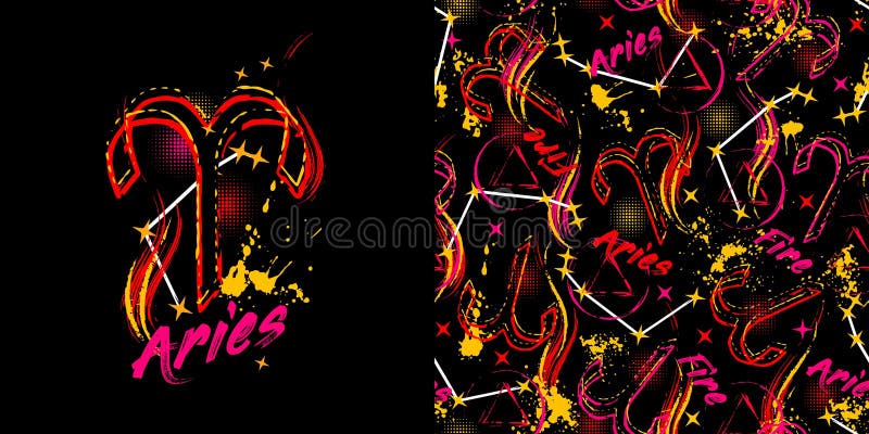 Label, Pattern with Icon of Zodiac Sign Aries Stock Vector ...