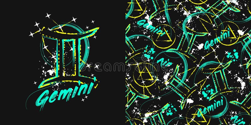 Label, Pattern with Icon of Zodiac Sign Gemini Stock Vector ...