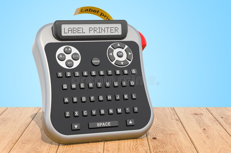 Label Printer on the Wooden Planks, 3D Rendering Stock Illustration ...