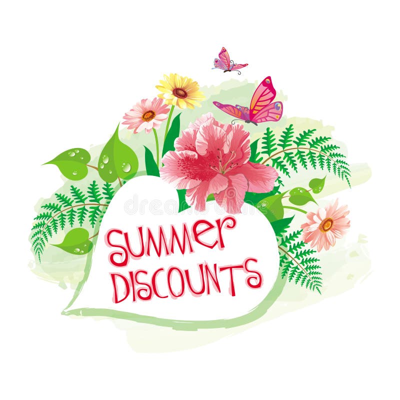 Label Summer Discount with Flowers and Butterflies Stock Illustration ...