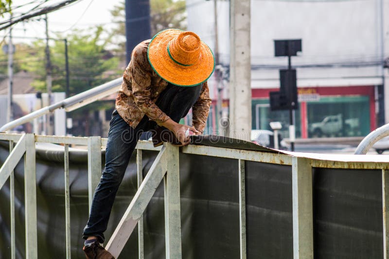 Label Technician Working Install Daytime Editorial Image - Image of ...