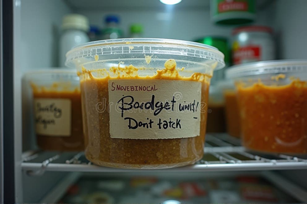 Labeled Container with Brown Sauce Inside Refrigerator Stock Image ...
