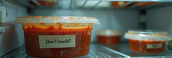 Labeled Container of Red Sauce on Refrigerator Shelf Warning Not To ...