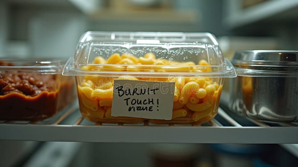Labeled Macaroni Container in Refrigerator with Sauces on Side Shelves ...