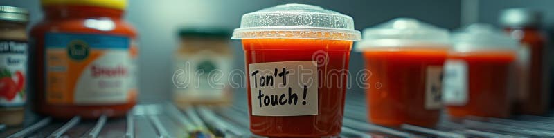 Labeled Sauce Container in Refrigerator with Warning Sign Stock Photo ...