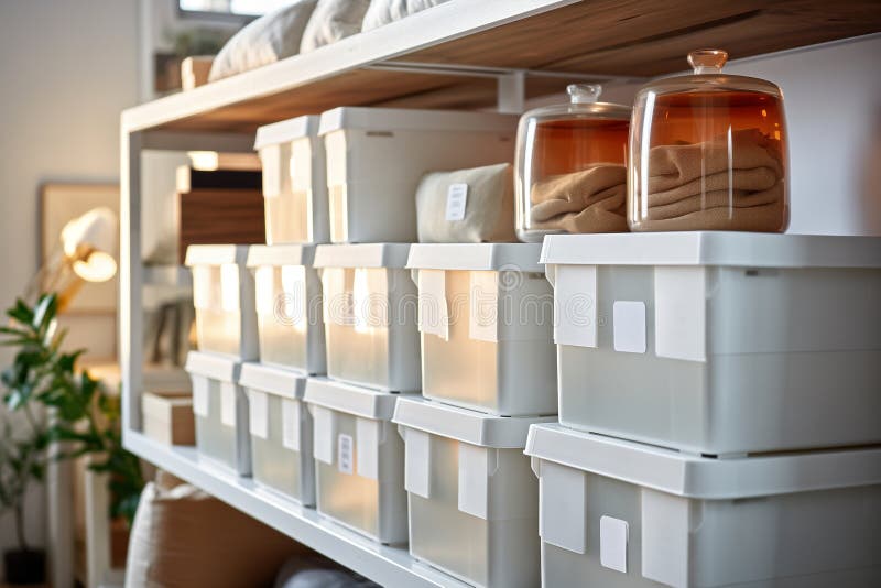 Labeled Storage Boxes on Shelf with Soft Light Stock Illustration ...