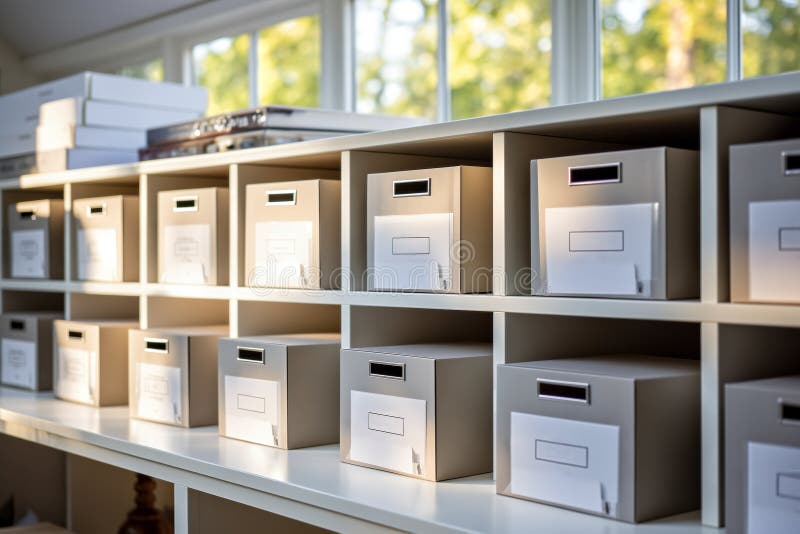 Labeled Storage Boxes on Shelf with Soft Light Stock Illustration ...