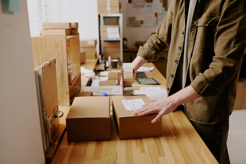 Labeling Packages in Warehouse Workspace for Shipping Stock Image ...