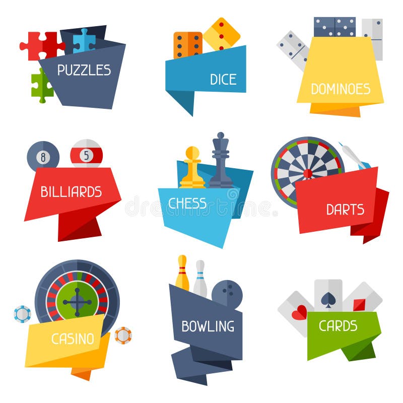 Labels with Game Icons in Flat Design Style Stock Vector - Illustration ...