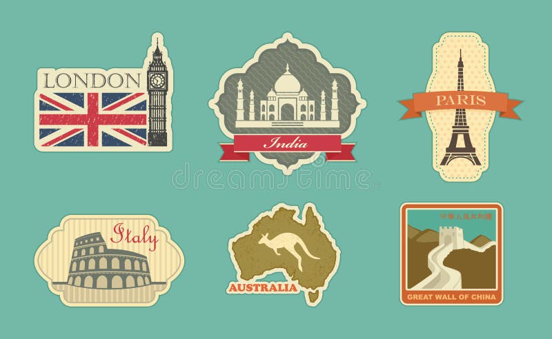 Labels of travel, Stickers of sights of the different countries of the