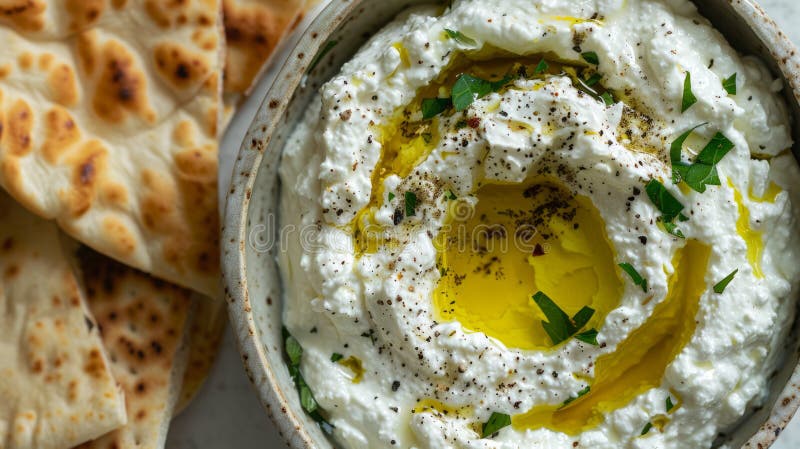 Labneh Dip with Olive Oil and Naan Flatbread Slices Stock Image - Image ...