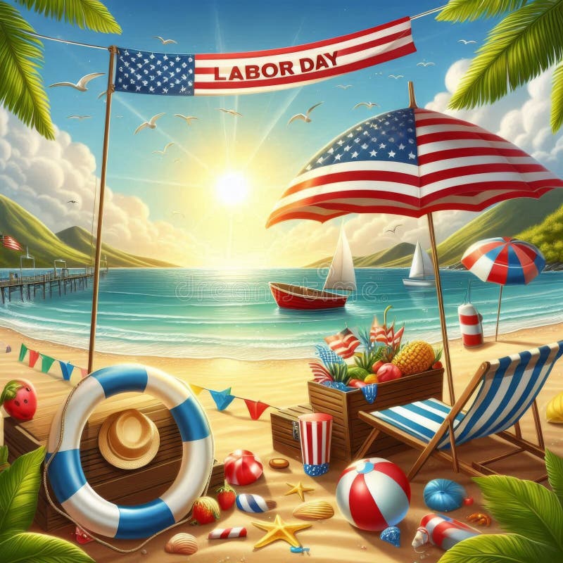 Labor Day Beach Scene with Sand and Summer Sun Stock Illustration ...