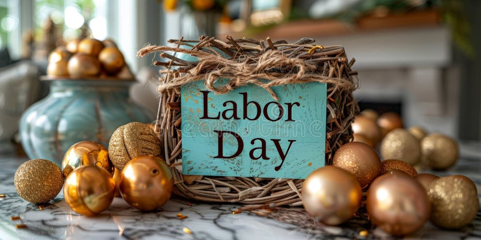 Labor Day Celebration with a Rustic Sign and Golden Decorations on a ...
